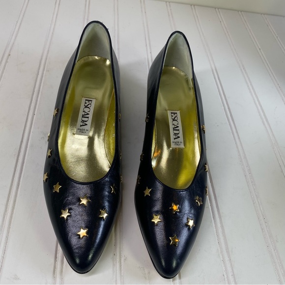 Escada | Shoes | Escada Black Leather Gold Star Short Heeled Pumps ...